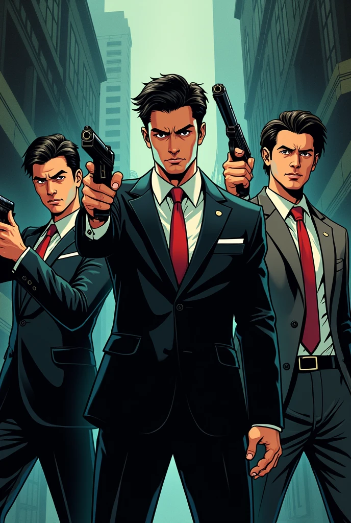 Simple manhwa comic styled of an mafia group with guns in arms - SeaArt AI