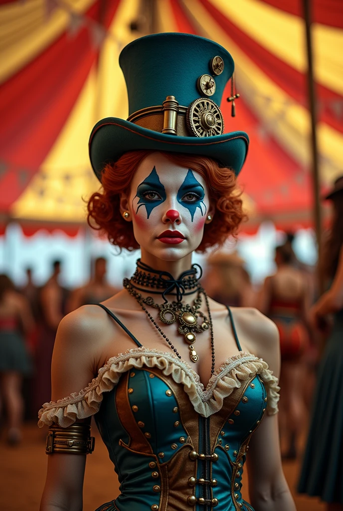 Woman, steampunk, clown makeup, top hat with gears, in circus tent - SeaArt AI