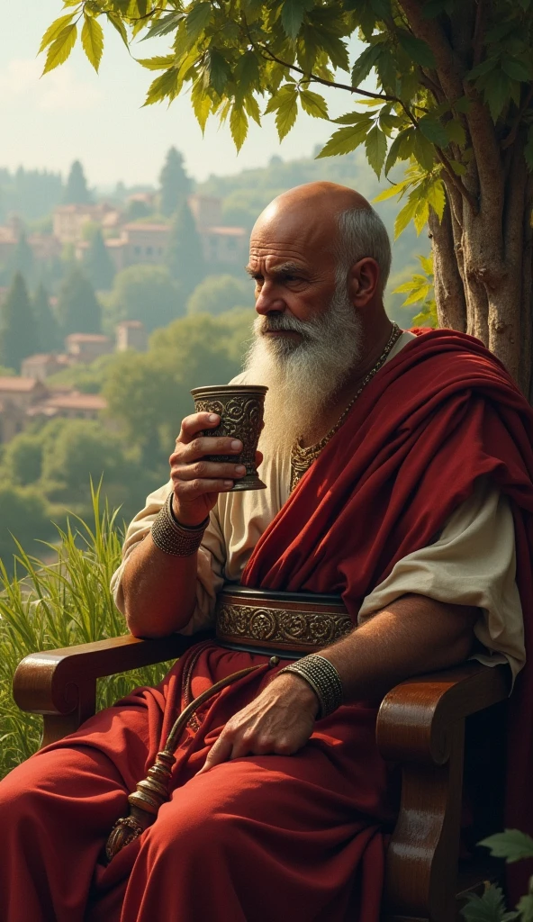 Create a scene of a rich man drinking wine from a silver cup - SeaArt AI