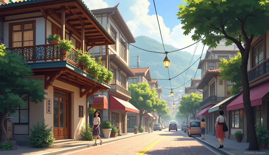 City, street, wide sidewalk, a two-story house, beautiful balcony on ...