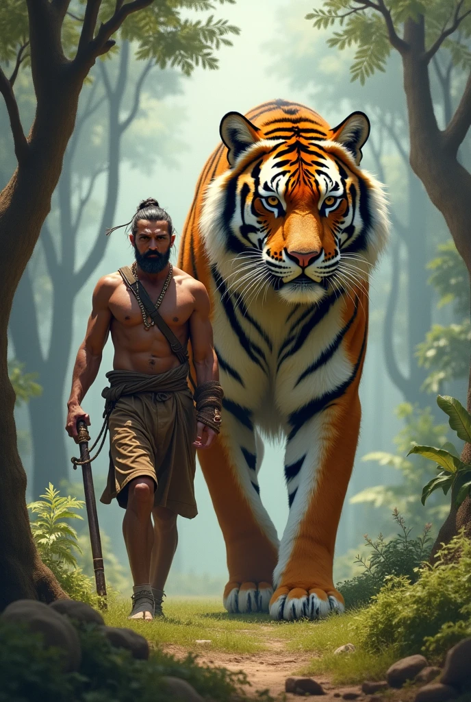 A man walks with a giant tiger. - SeaArt AI