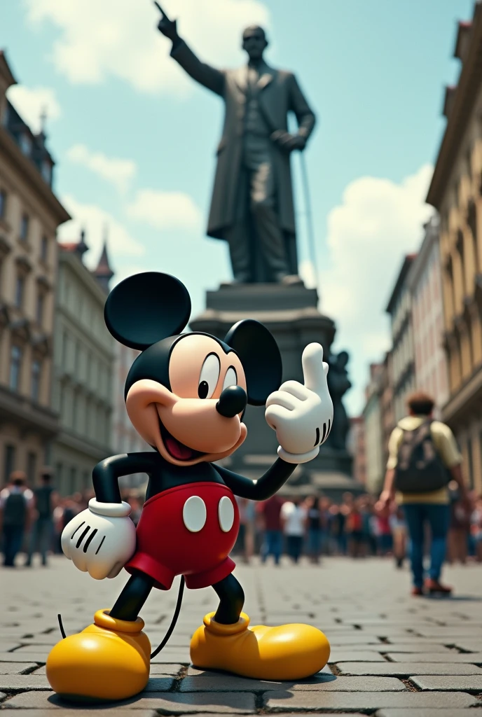 Mickey Mouse is in town and points the middle finger to a stature ...
