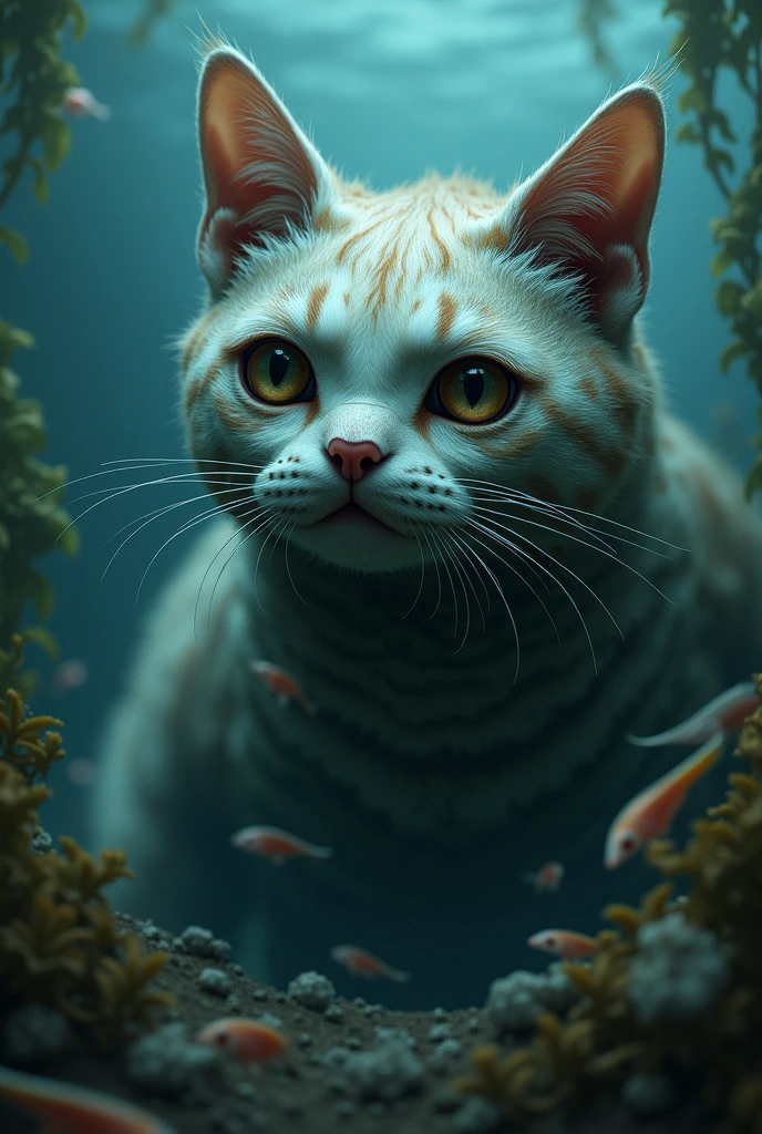 Create an image of a mysterious sea creature mixed between the face of ...