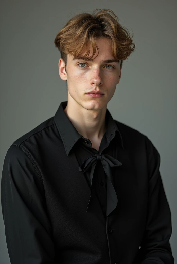 Realistic professional studio image of a 19-year-old boy with delicate ...