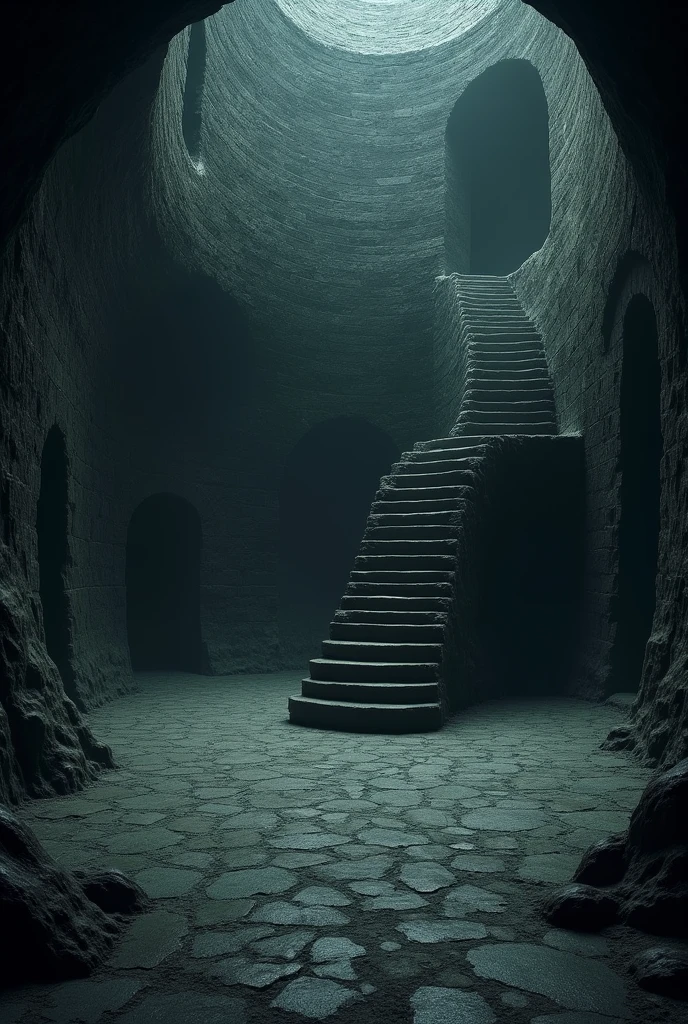 A closed dark circular underground room, with a small staircase leading ...