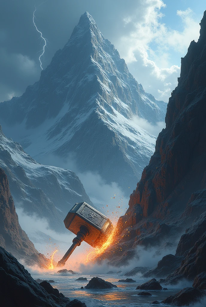 Thor's hammer fell on a mountain full of thunder - SeaArt AI