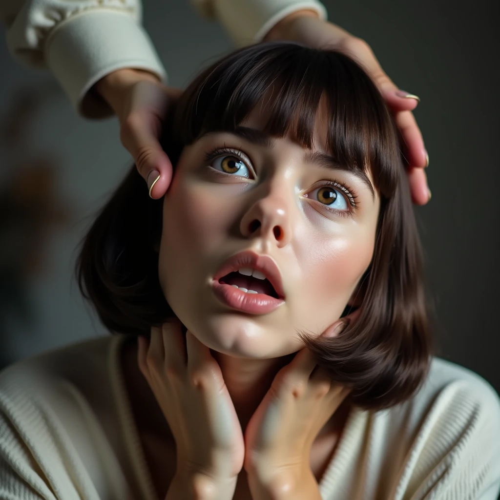 Close view of a beautiful young sitting woman's decapitated head ...