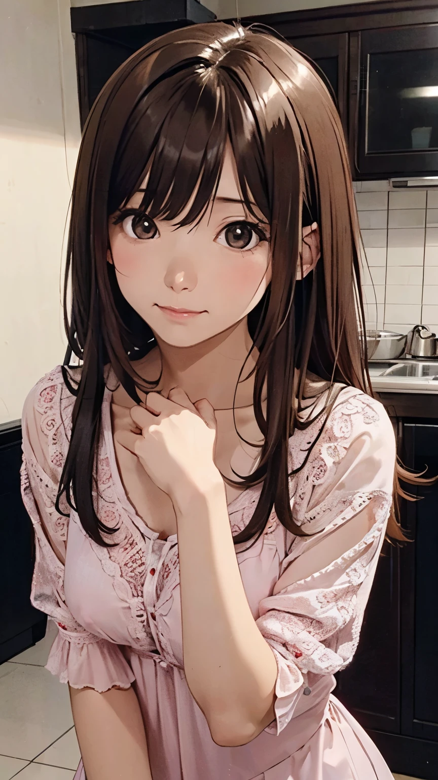 Anime girl in pink dress posing in kitchen with sink and cabinets ...