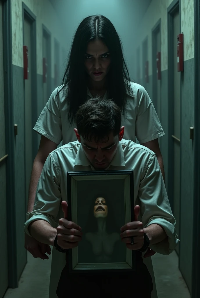 A prisoner psychopath woman her hands locked is standing behind a ...