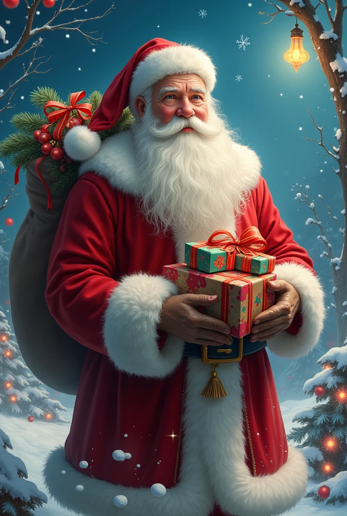 Male Santa Claus holding Christmas gifts in his hands in a fantasy ...