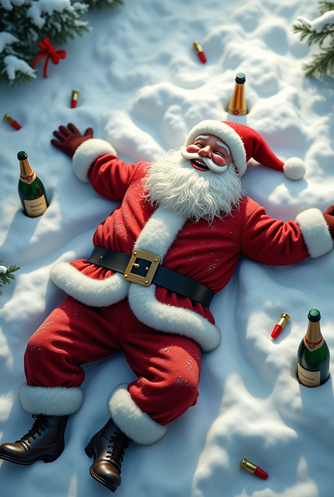 A drunken laughing Santa Claus lying in the snow makes "snow angel ...