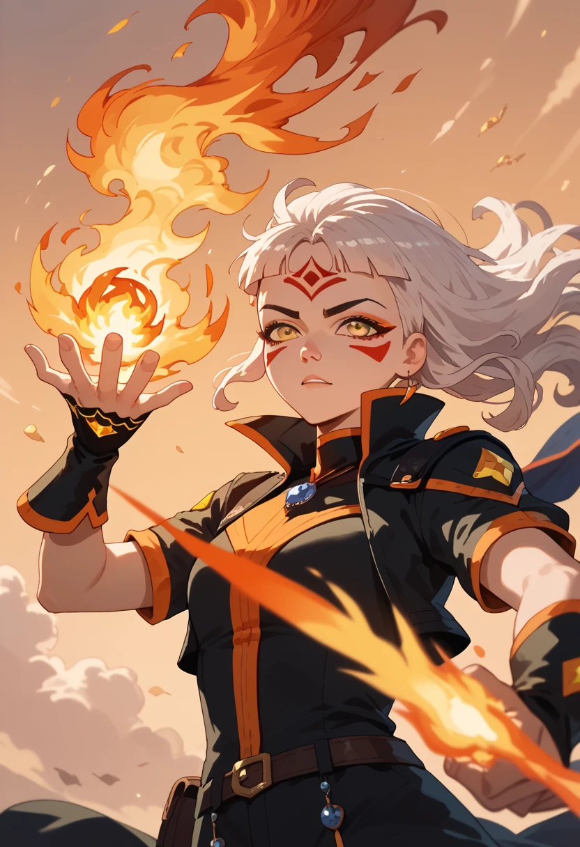 Woman, fire hair, white skin, red face paint, jentry chau, anime style ...