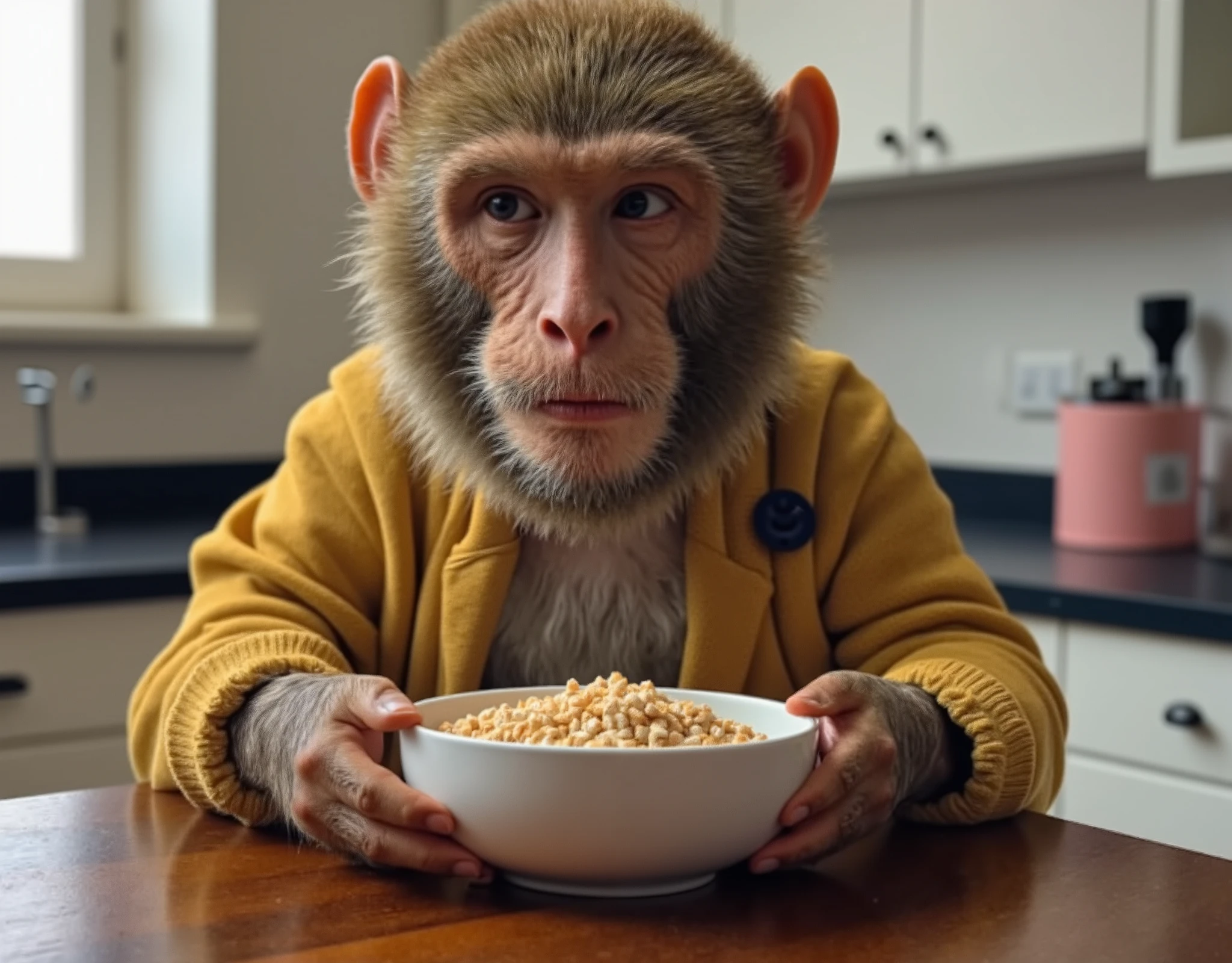 Arafed monkey sitting at a table with a bowl of cereal - SeaArt AI