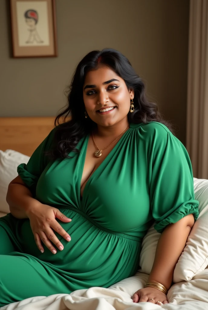 Indian plus size aunty wearing green blouse big belly posing on bed ...