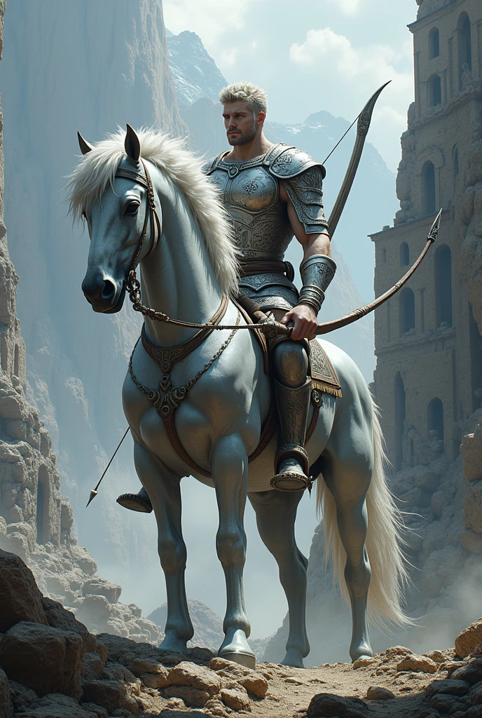 SILVER Kentauros HOLDING A BOW AND ARROW , RUINED MOUNTAIN SCENERY ...