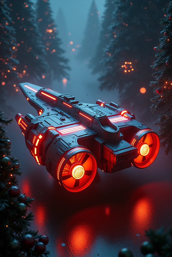 Modified starship with bright bright lights on its rear and side wings ...