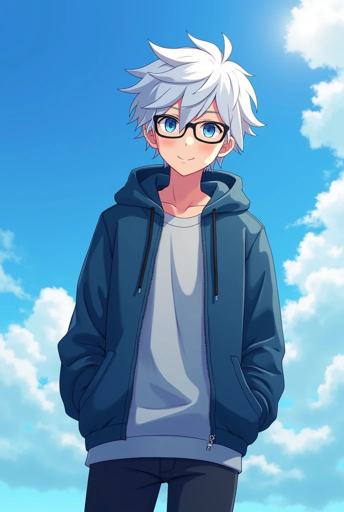 anime boy with glasses and a hoodie standing in front of a blue sky ...