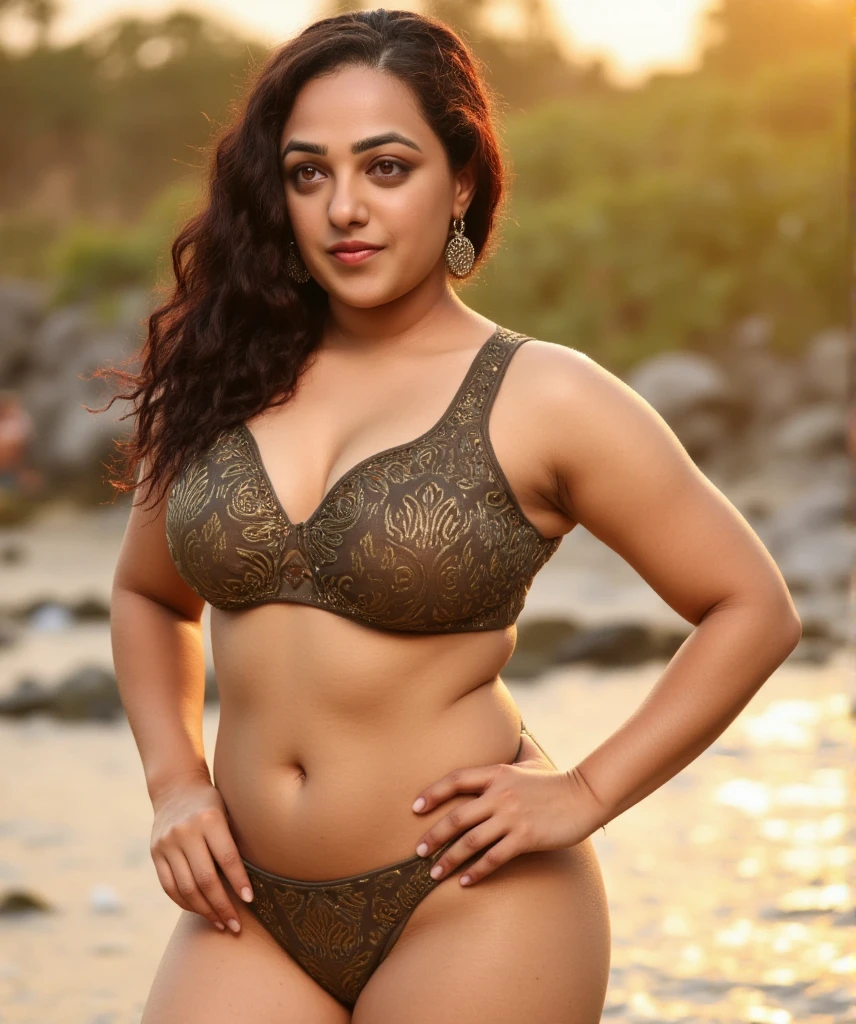 Nithya menon in brown latex bra and panties stanfing in a beach - SeaArt AI