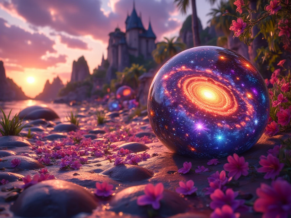On a beach at dusk there are thousands of crystal balls and inside each ...