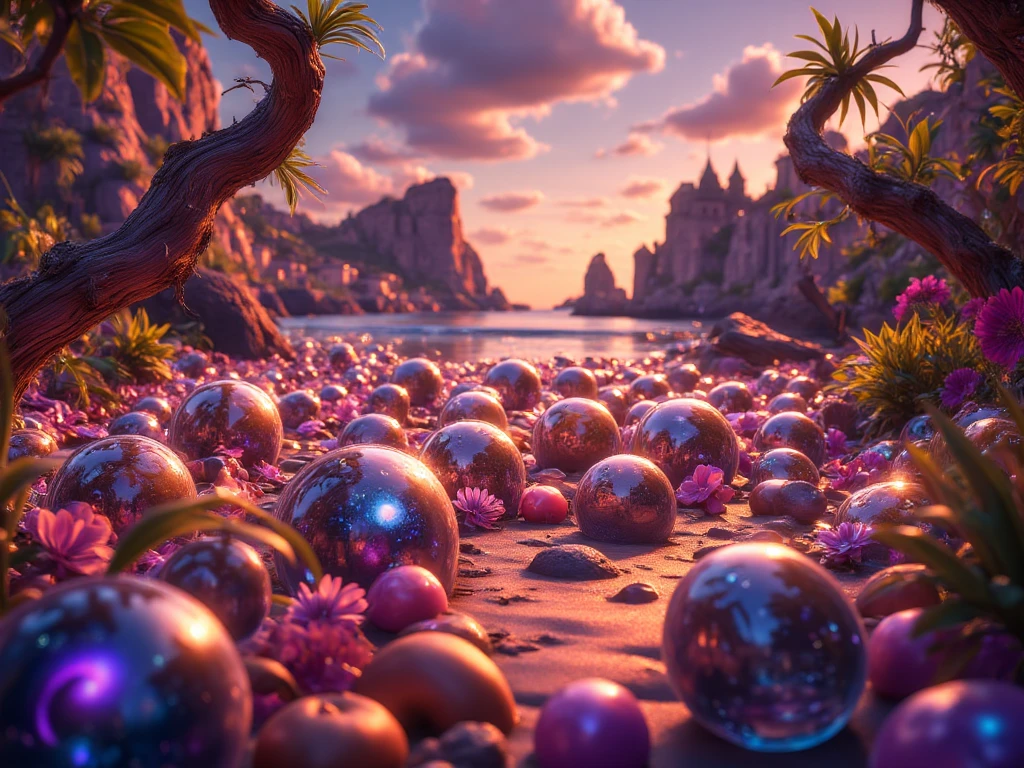 On a beach at dusk there are thousands of crystal balls and inside each ...