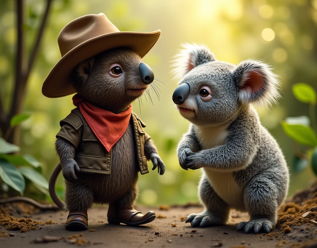 A photography of mole, (mole:1.5) as a cowboy, interacting with a koala ...