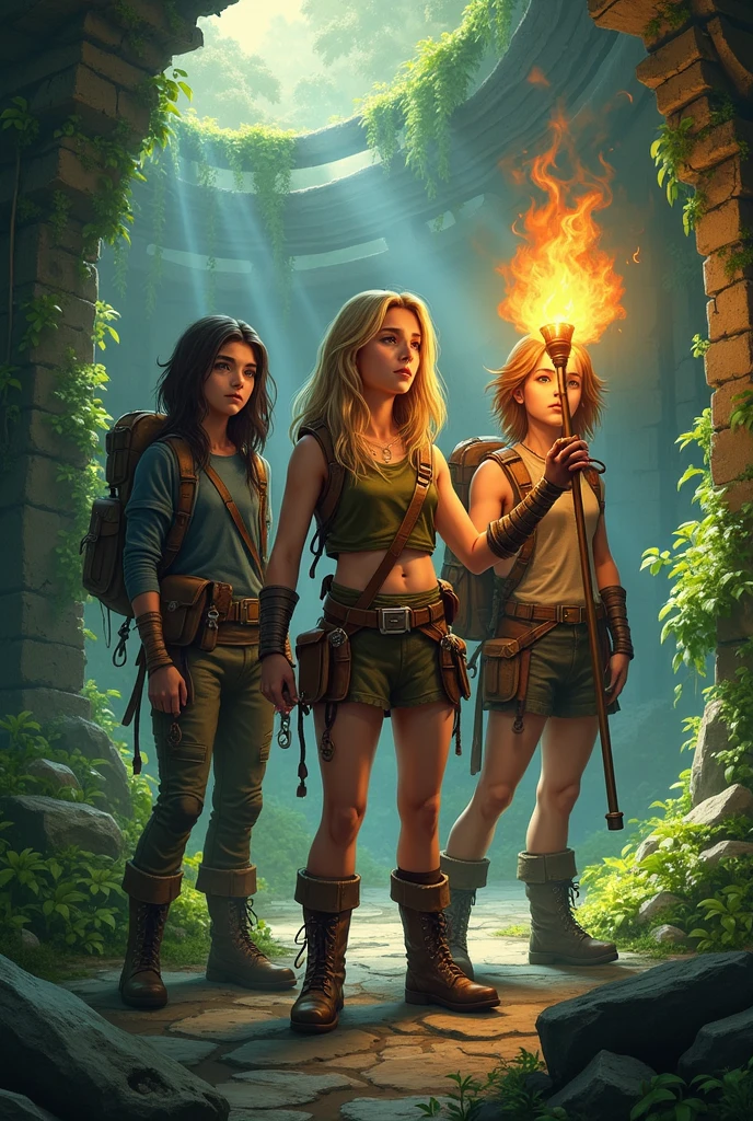 This image depicts three adventurers standing in an ancient, overgrown ...