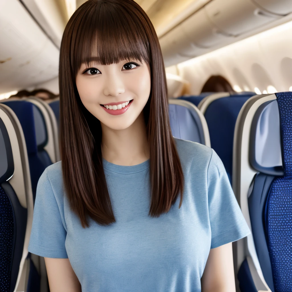 Arafed asian woman in blue shirt sitting on a plane - SeaArt AI
