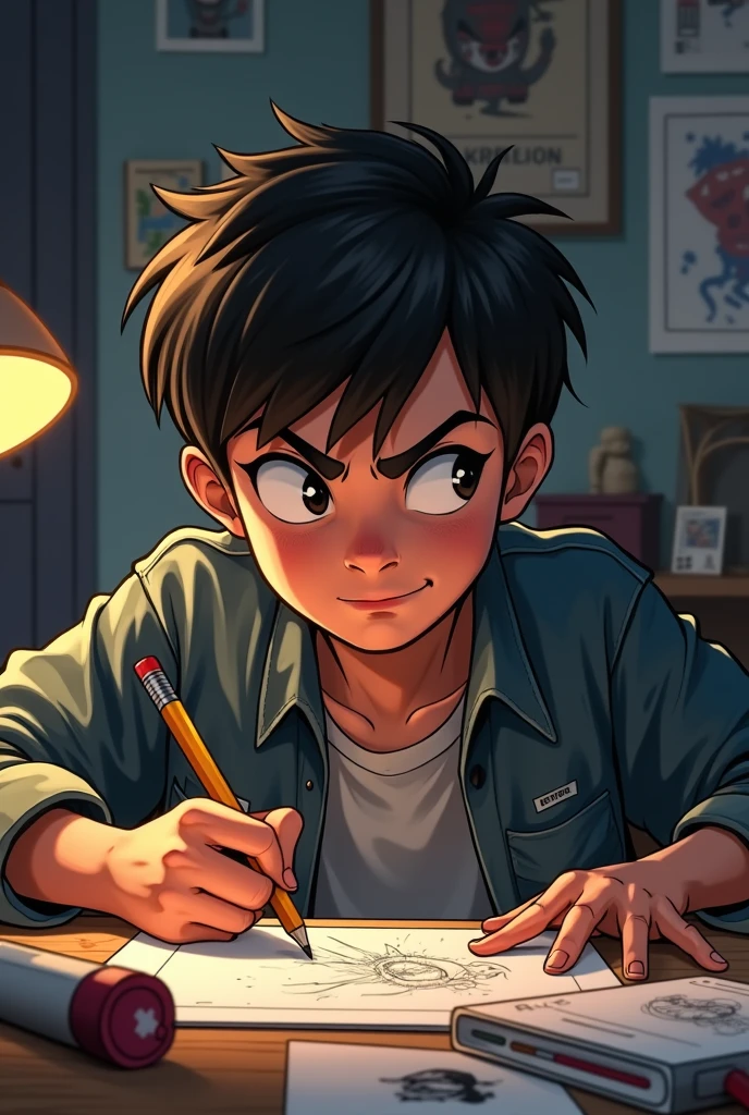 Zacki's father walked in , and saw that zacki was drawing a comic ...