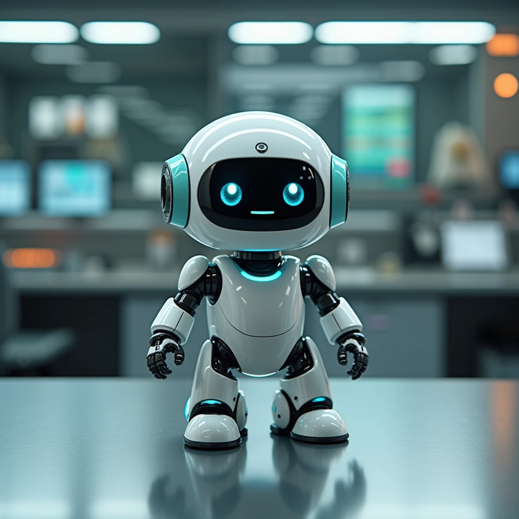 A small, adorable futuristic robot standing on a polished metallic ...