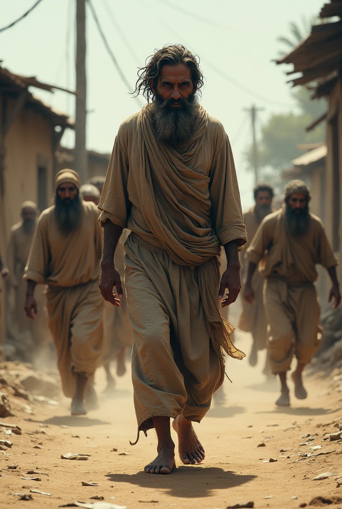Rahmat is depicted as a poor man with tattered clothes. He is walking ...