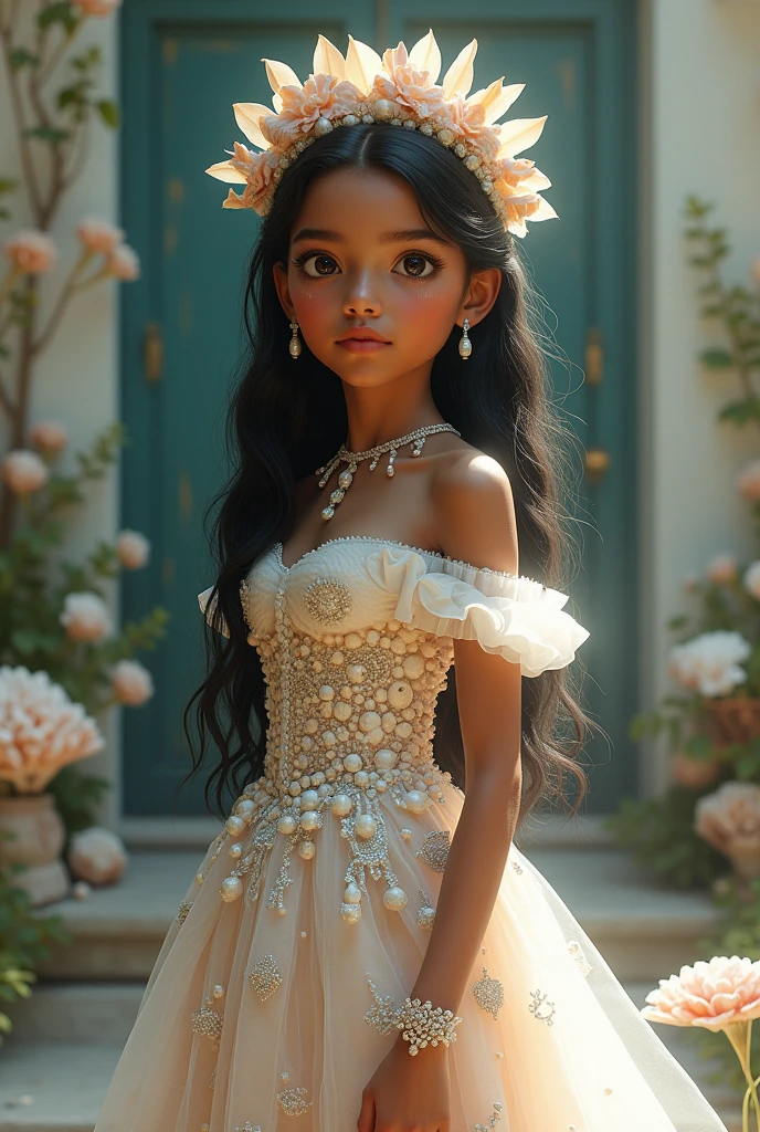 Mexican girl wearing shell theme gown and glass slippers and hair piece ...