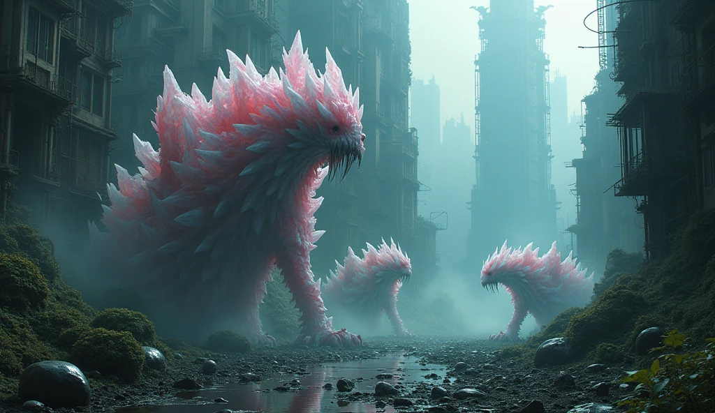 Abandoned destroyed overgrown technological metropolis with odd ...