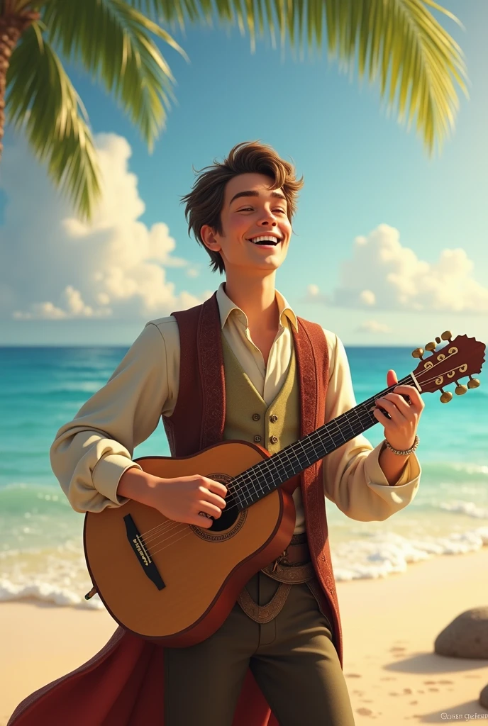 20-year-old male character , beautiful, he is a bard playing the lute ...