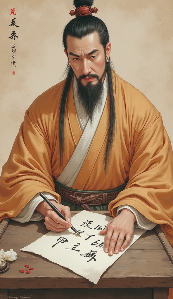 (A Chinese ancient poet sits at a table holding a brush and writing ...