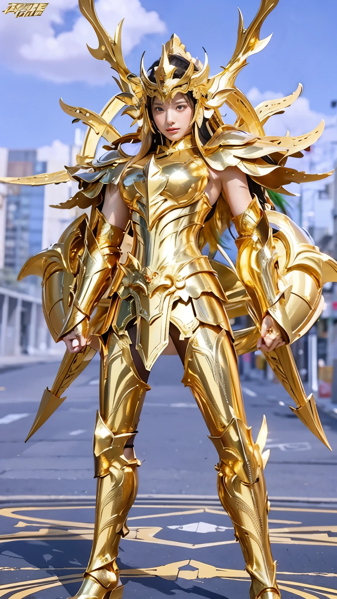 Araffe dressed in gold armor standing on a city street - SeaArt AI