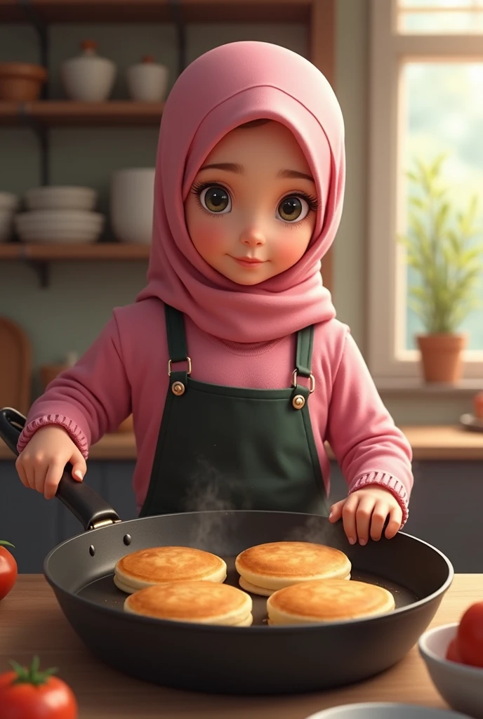 Girl in hijab, in a pink sweater in a skillet and a black apron in a ...