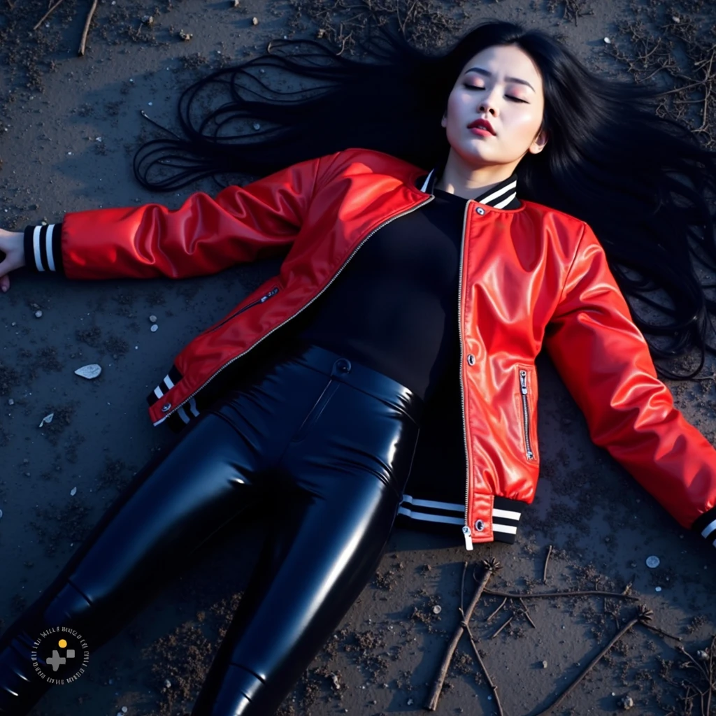 A beautiful dead korean girl, dead body lying on the ground, full ...