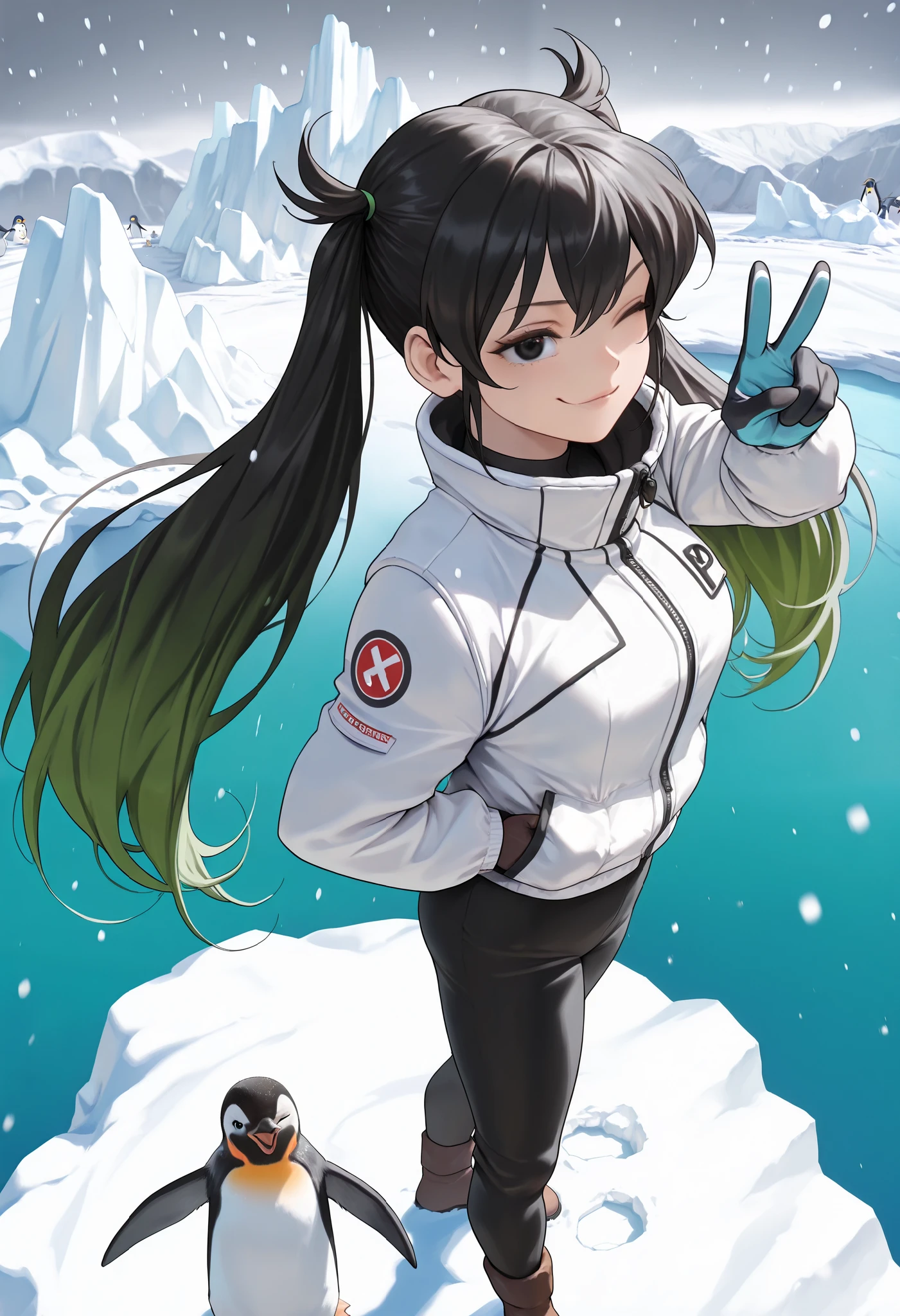 Anime girl with long black hair standing on ice with penguin - SeaArt AI