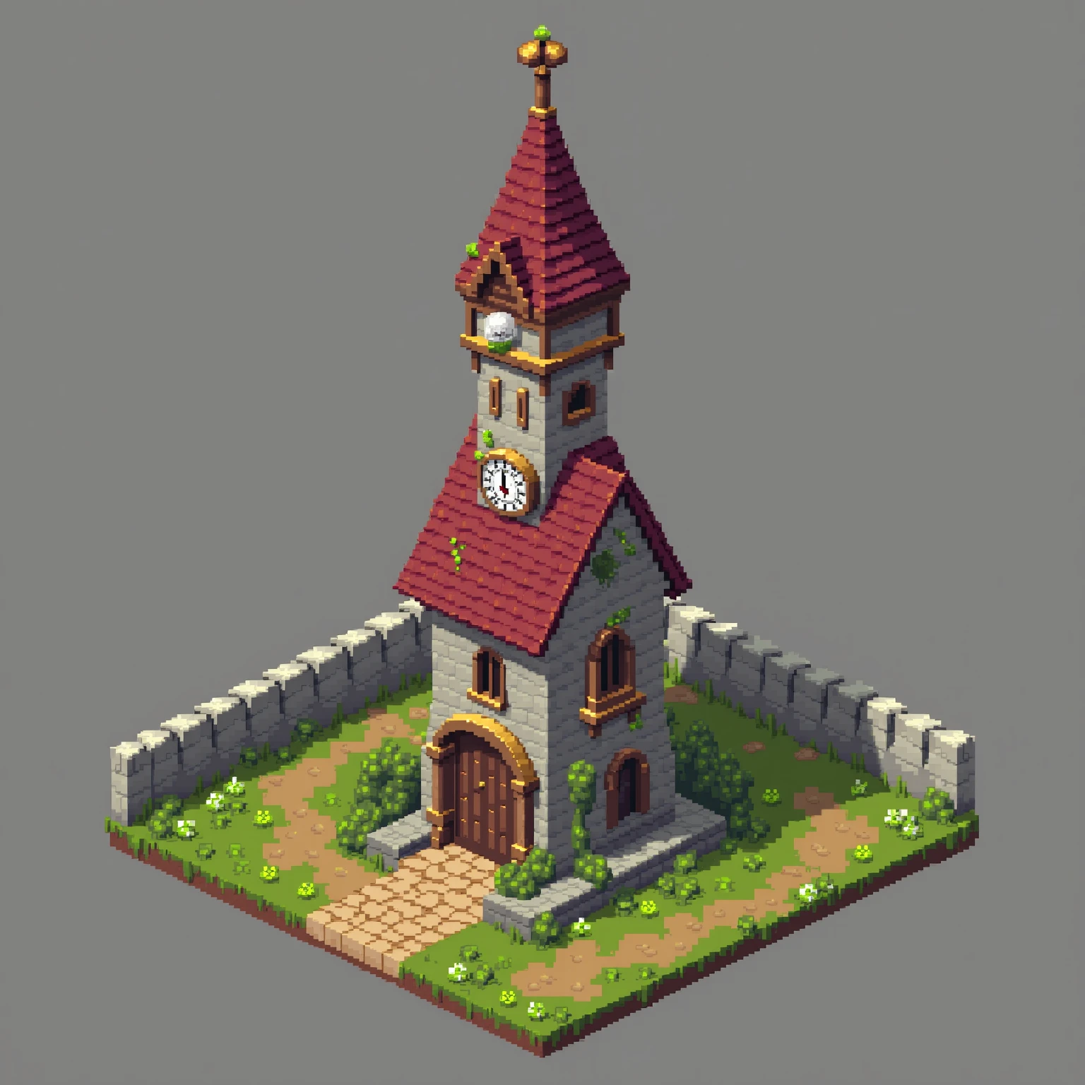 Pixel art of a castle with a clock tower and a door, isometric pixel ...