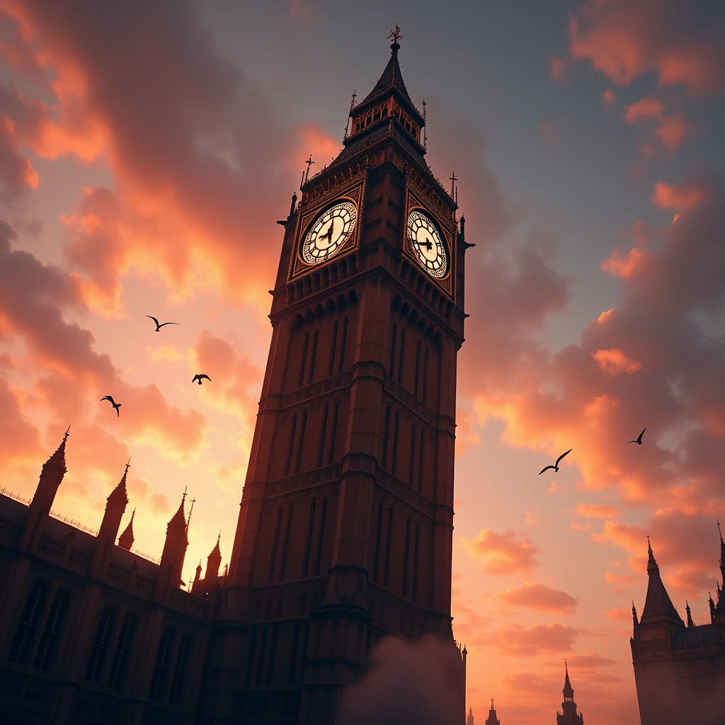 A cinematic, realistic scene of a large clock tower resembling Big Ben ...
