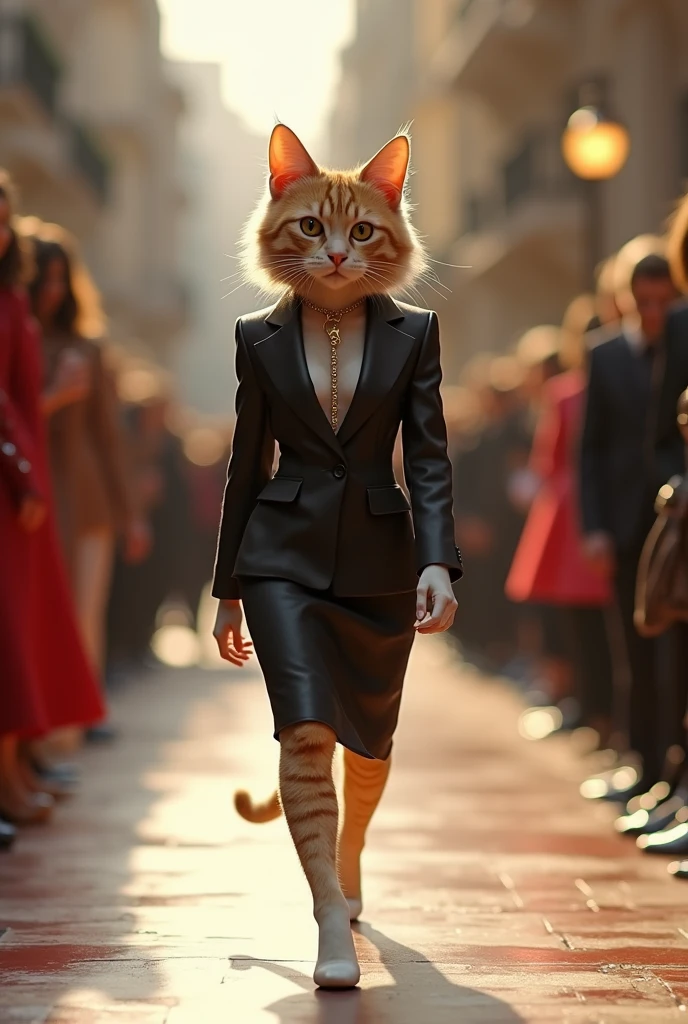 GENERATE A PICTURE OF A CAT AS A STORY RUNWAY MODEL STRUTTING DOWN A ...