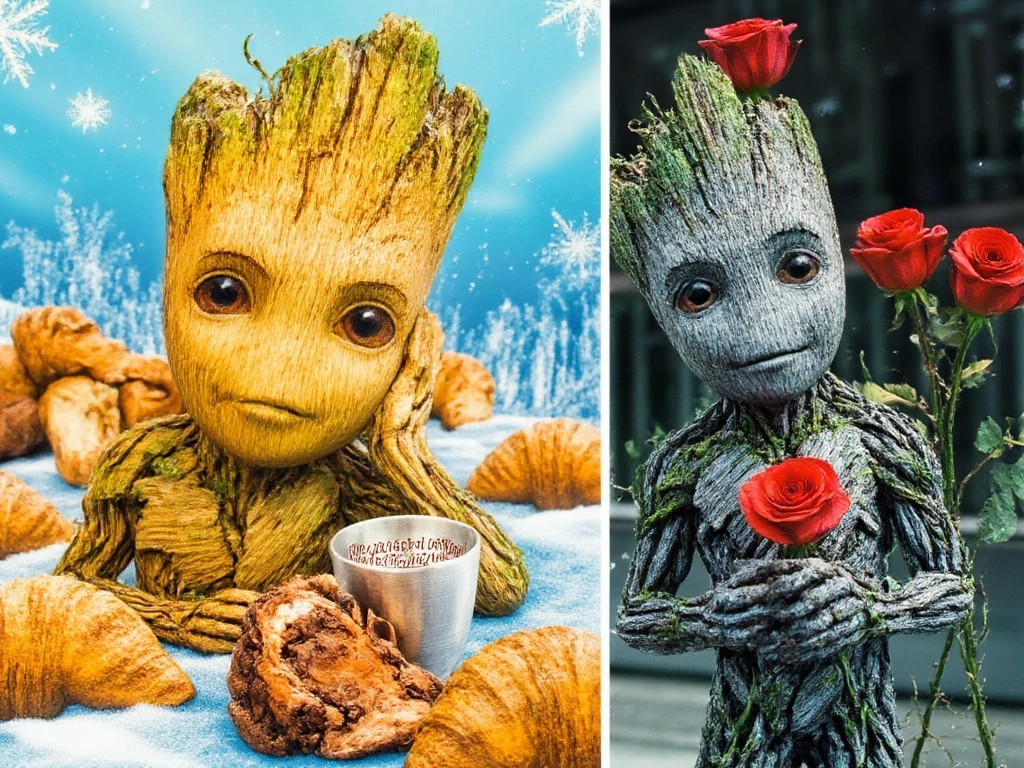 Create a transparent Groot with various shades of orange and green ...