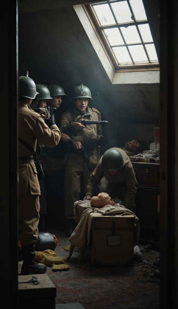 Soldiers breaking into a small, cluttered attic, frightened families ...
