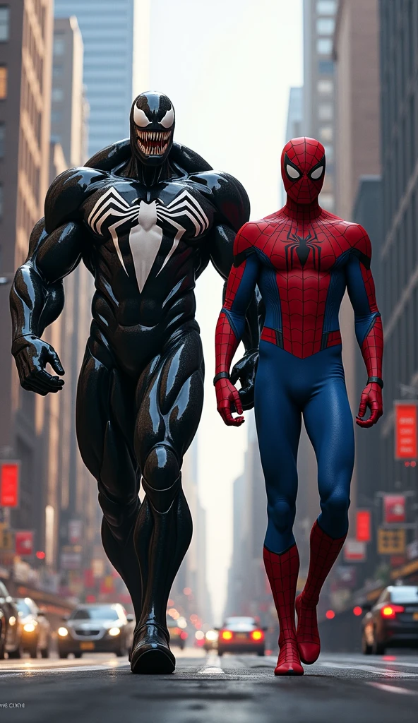 Venom and Spider-Man walking side by side to camera side.city - SeaArt AI