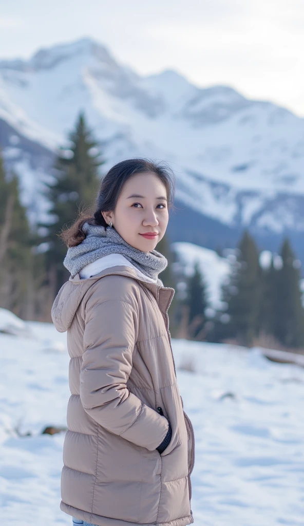 A woman dressed in a cozy winter coat stands amidst the breathtaking ...