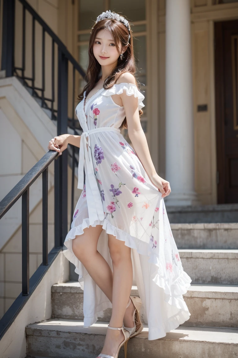 Japanese model woman in dress is standing on the stairs, Figure of an ...