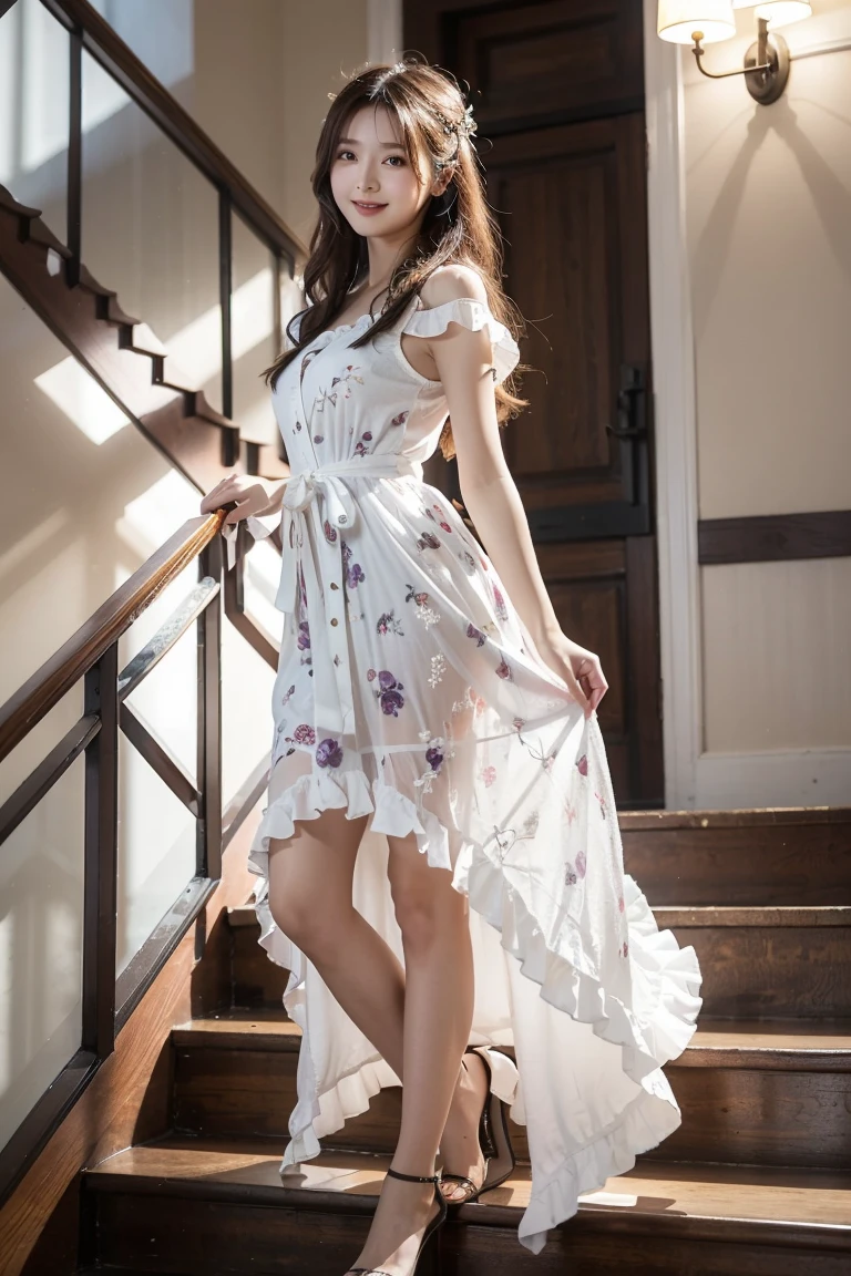 Japanese model woman in dress is standing on the stairs, Figure of an ...