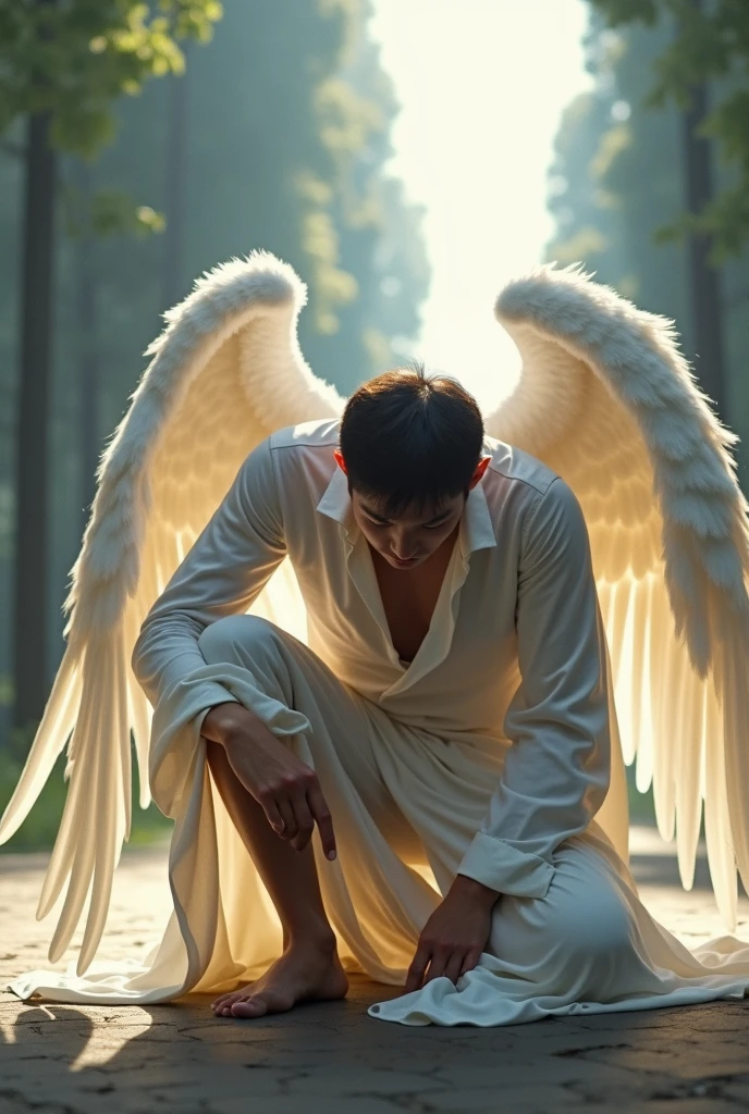 Handsome, asian male angel, outdoors, crouching, facing downwards ...