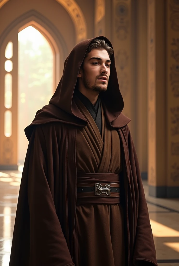 Make this man a beardless but with mustache Jedi wearing dark - SeaArt AI