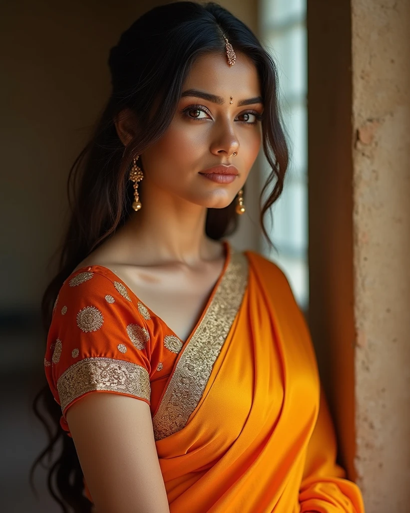 A close up of a woman in a sari posing for a picture, sari, dressed in a sari - SeaArt AI